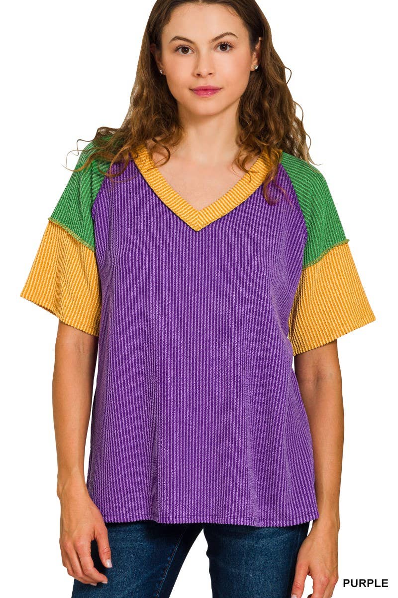 Mardi Gras Raised Rib Color Block Top-Purple – Buniquedesigns